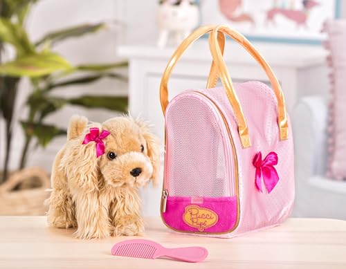 Pucci Pups – Cocker Spaniel Stuffed Puppy with Pink and Gold Dotted Stuffed Animal Bag