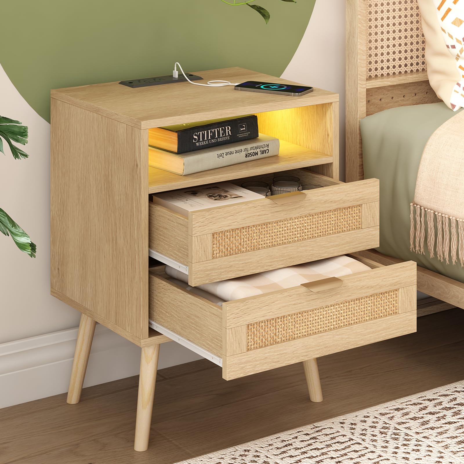 Halitaa Rattan Nightstand with Charging Station USB Port Led Lights and 3 Storage Drawers, Bedroom Furniture Night Stand Bedside Table Bed Side Table End Table Sofa Table (2 Pack)