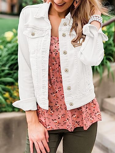 luvamia Women's Casual Denim Jacket Stretch Long Sleeve Button Down Basic Jean Trucker Jacket White Size Medium