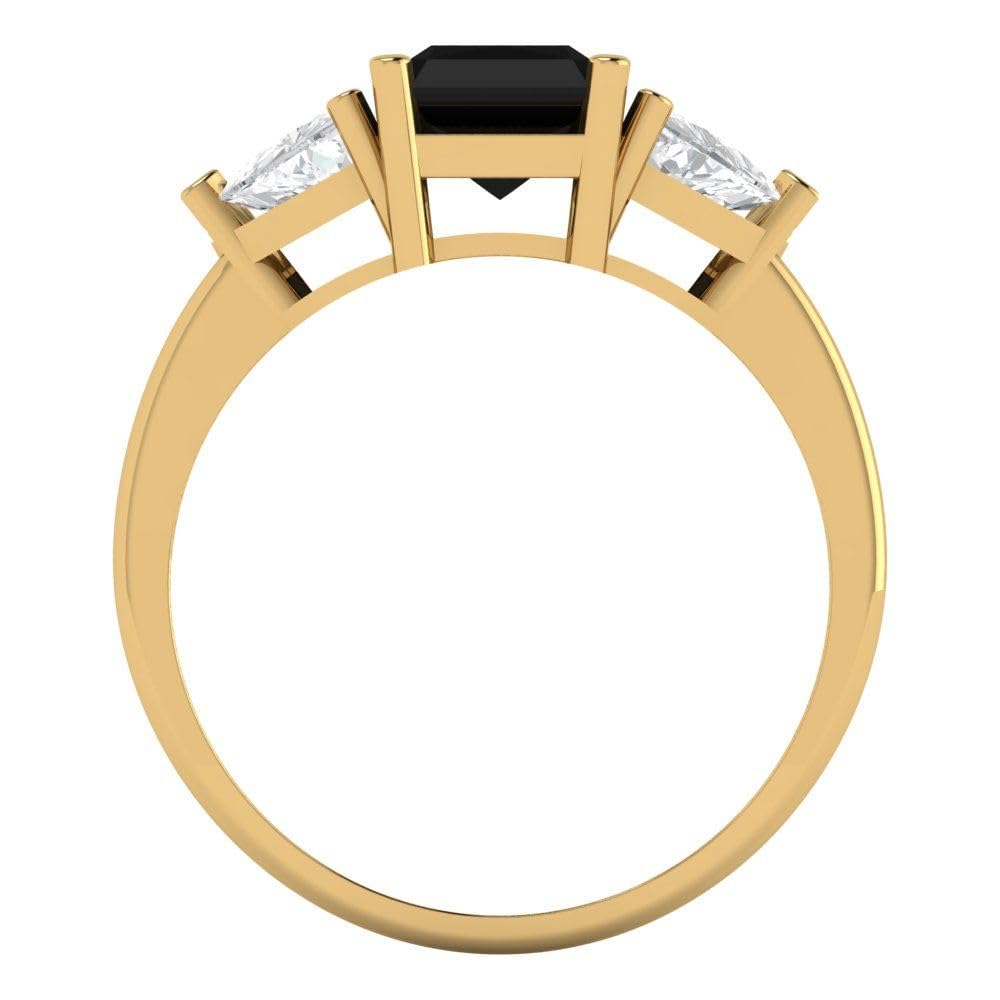 Clara Pucci 2.97ct Emerald Trillion cut 3 stone Solitaire Natural Black Onyx designer Modern Statement Ring 14k Yellow Gold Size 8.5