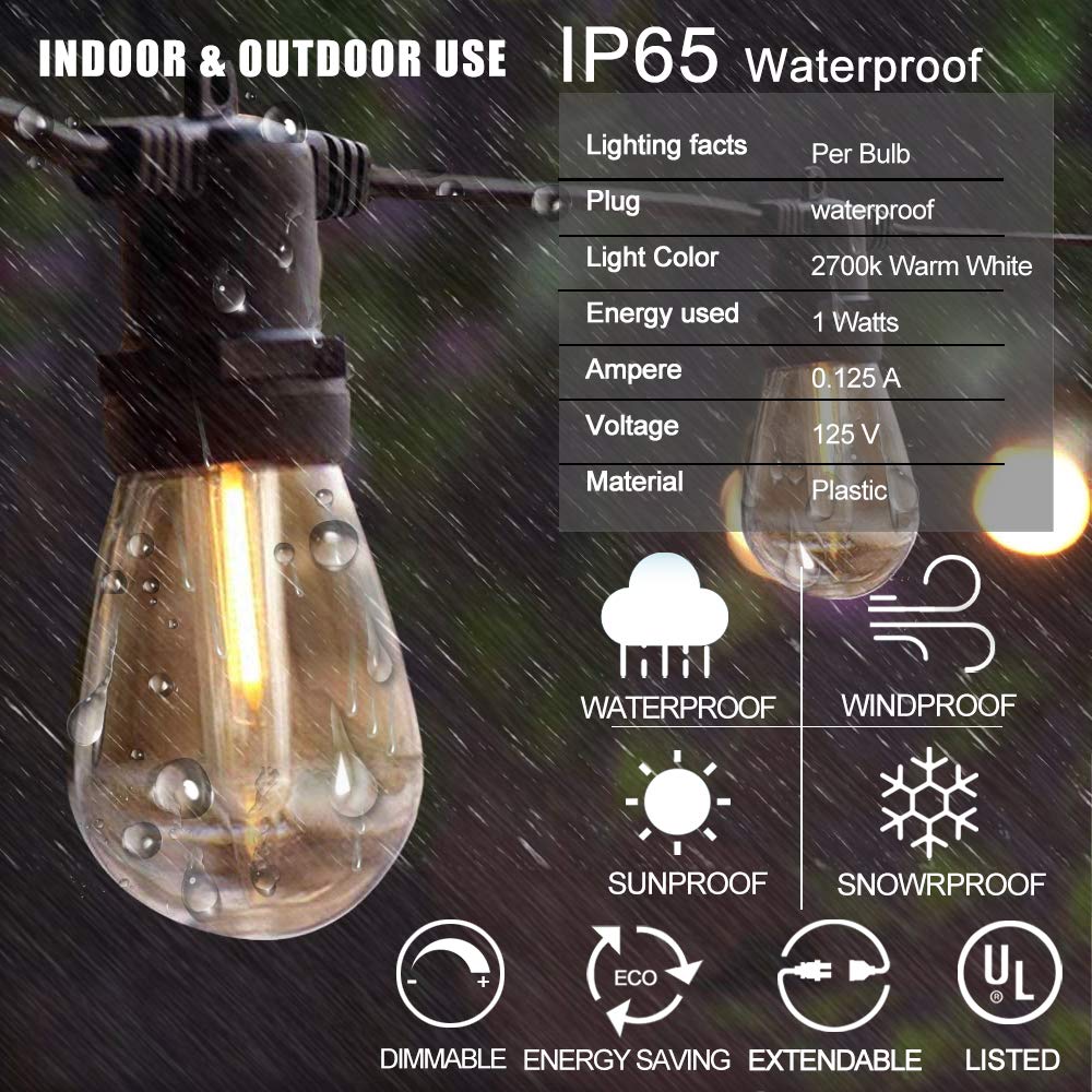 Outdoor String Lights Patio Hanging Light with LED Dimmable Light Bulbs Garden Deck Backyard Waterproof Shatterproof 50FT