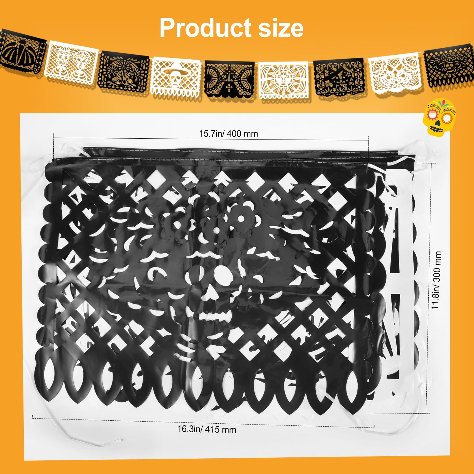 HOWAF 2 Pcs Plastic Papel Picado Day of The Dead Skull Bunting Banner Mexican Fiesta Banners Halloween Dia De Los Muertos Black White Skull Bunting Banner for Cinco De Mayo Decorations