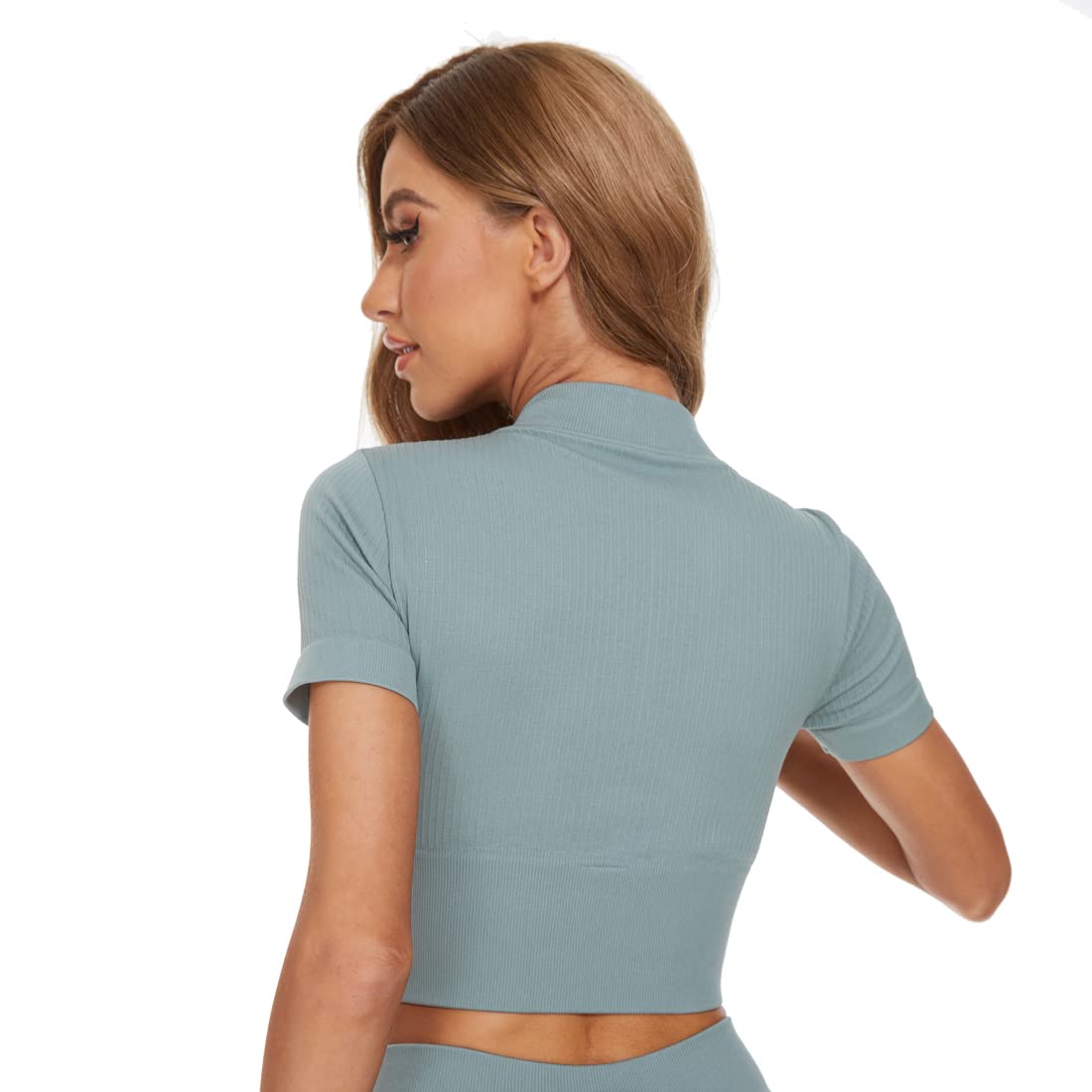 Crop Tops for Women-Short Sleeve Workout Tops Zipper Ribbed V Neck Shirts for Running,Tennis,Yoga,Golf