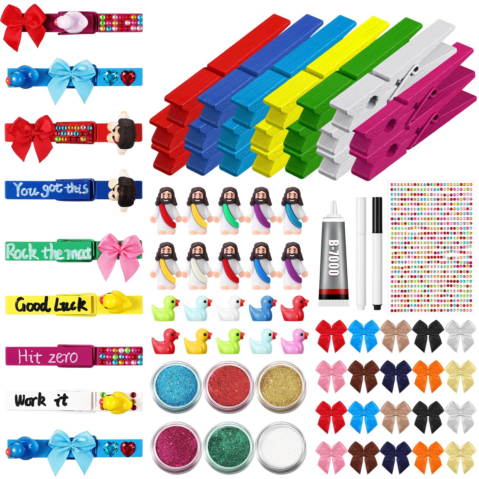Halloscume 70 Pcs Cheer Pins Decorations Include 20 Cheer Pins, 10 Jesus Ornaments, 10 Mini Ducks, 20 Mini Bows, 6 Sequin Pearl Powder, 1 Rhinestone Stickers, 2 Water Based Pen, 1 Glue, Cheer Gifts