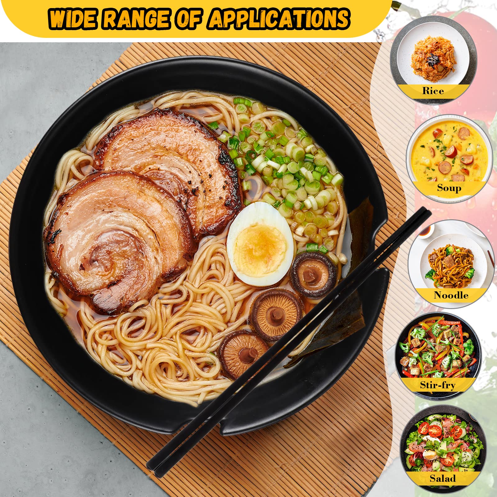 Didaey 4 Sets Japanese Ramen Bowl Set 37 oz Black Melamine Large Ramen Noodle Bowl Asian Chinese Korean Miso Soup Bowl with Spoons Chopsticks Saucers and Chopsticks Holders for Pho Udon Thai Soba