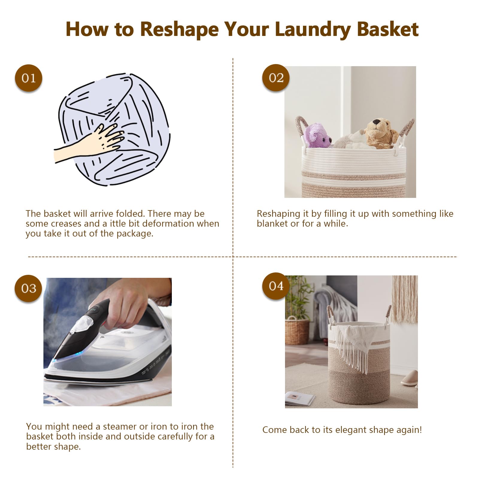 Laundry Basket, Woven Rope Laundry Hamper with Handles, Large Decorative Storage Basket for Clothes and Blankets in Living room (Jute & White, 72L)