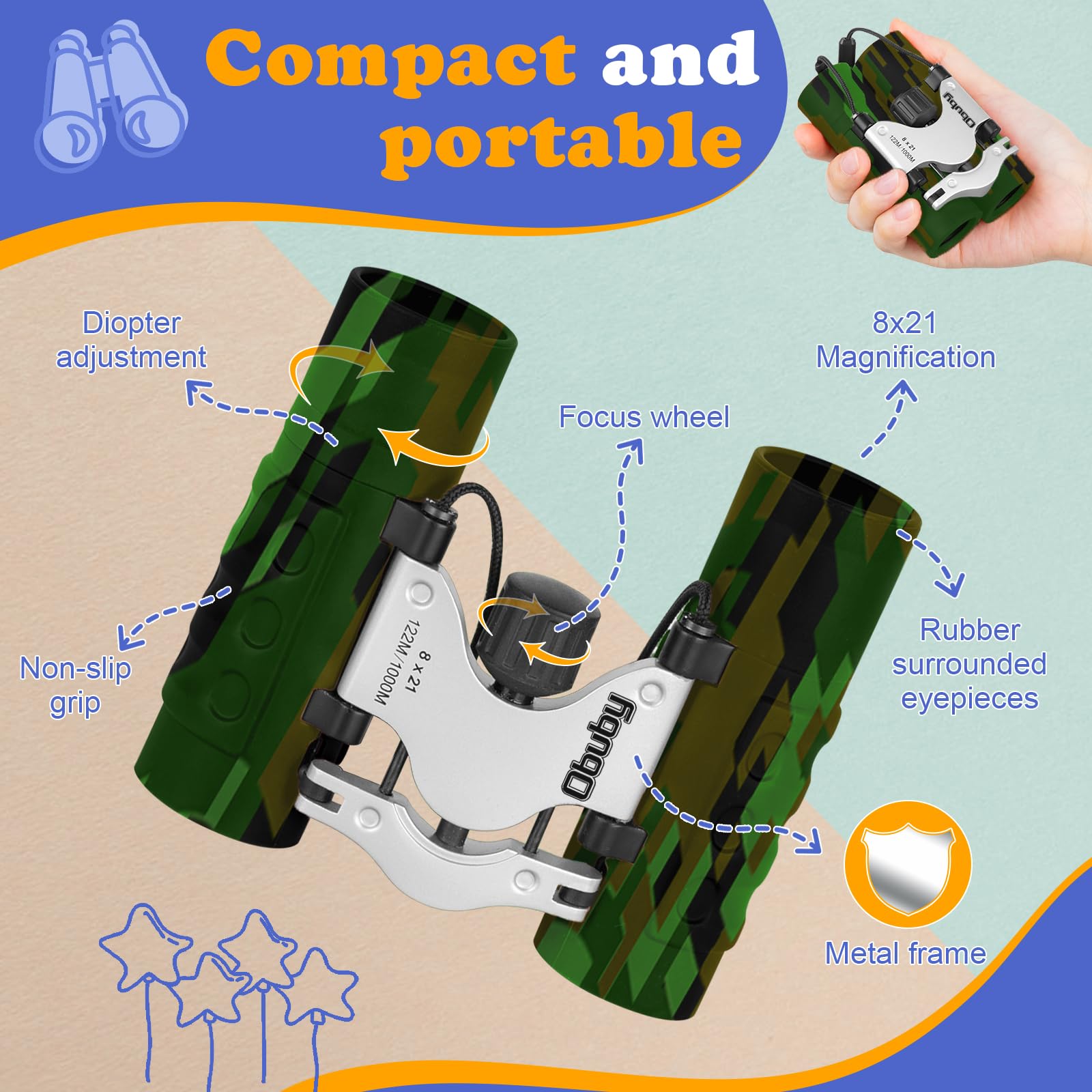 OBUBY Real Binoculars for Kids Gifts for 3-12 Years Boys Girls 8x21 High-Resolution Optics Mini Compact Binocular Toys Shockproof Folding Small Telescope for Bird Watching,Travel, Camping, Camo