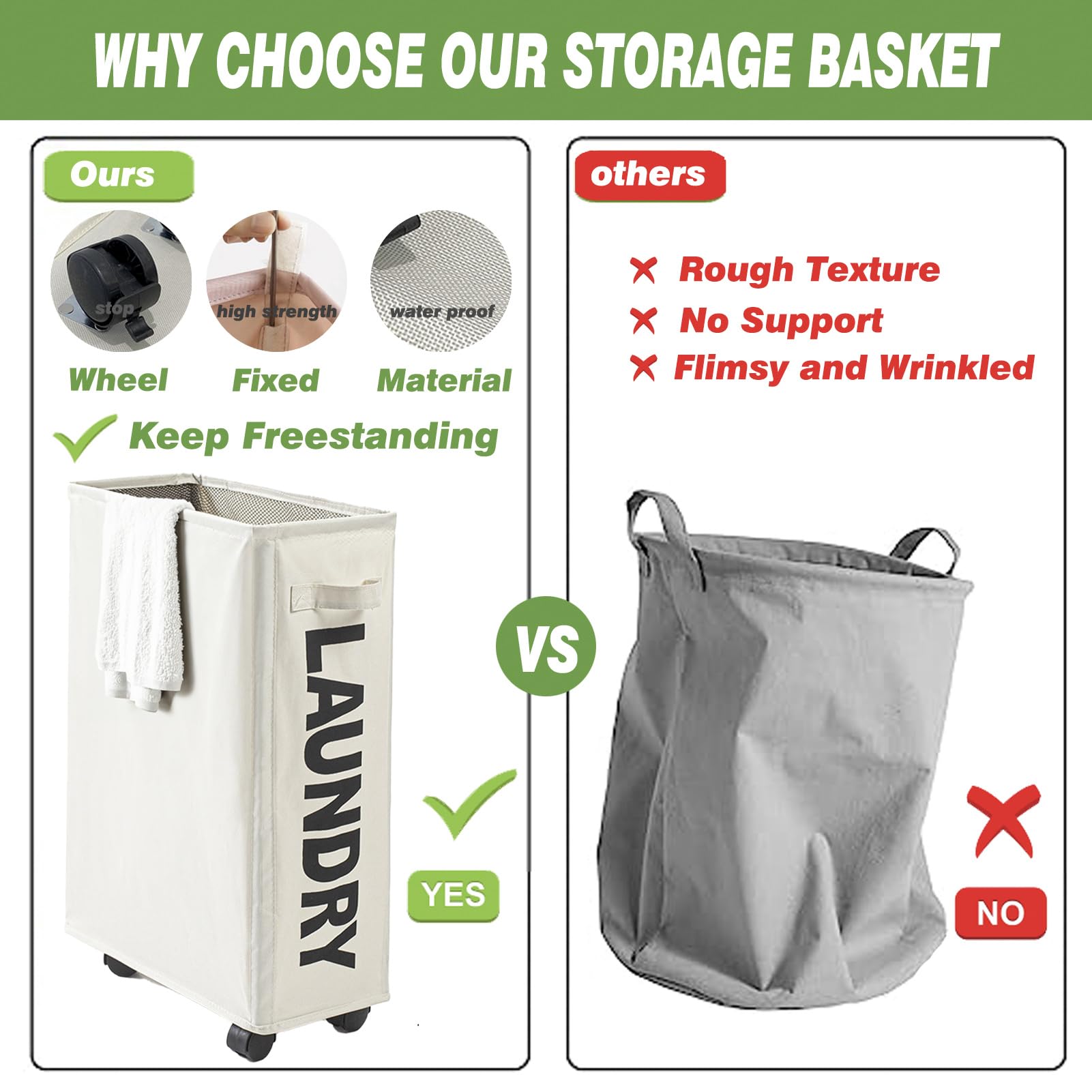 Laundry Basket, (2PACK) Slim Laundry Basket on Wheels - Foldable & Waterproof Rolling Hamper for Clothes, Hampers for Bedroom Aesthetic Yoga Mat Gym Gear and More | Easy Assembly Hamper