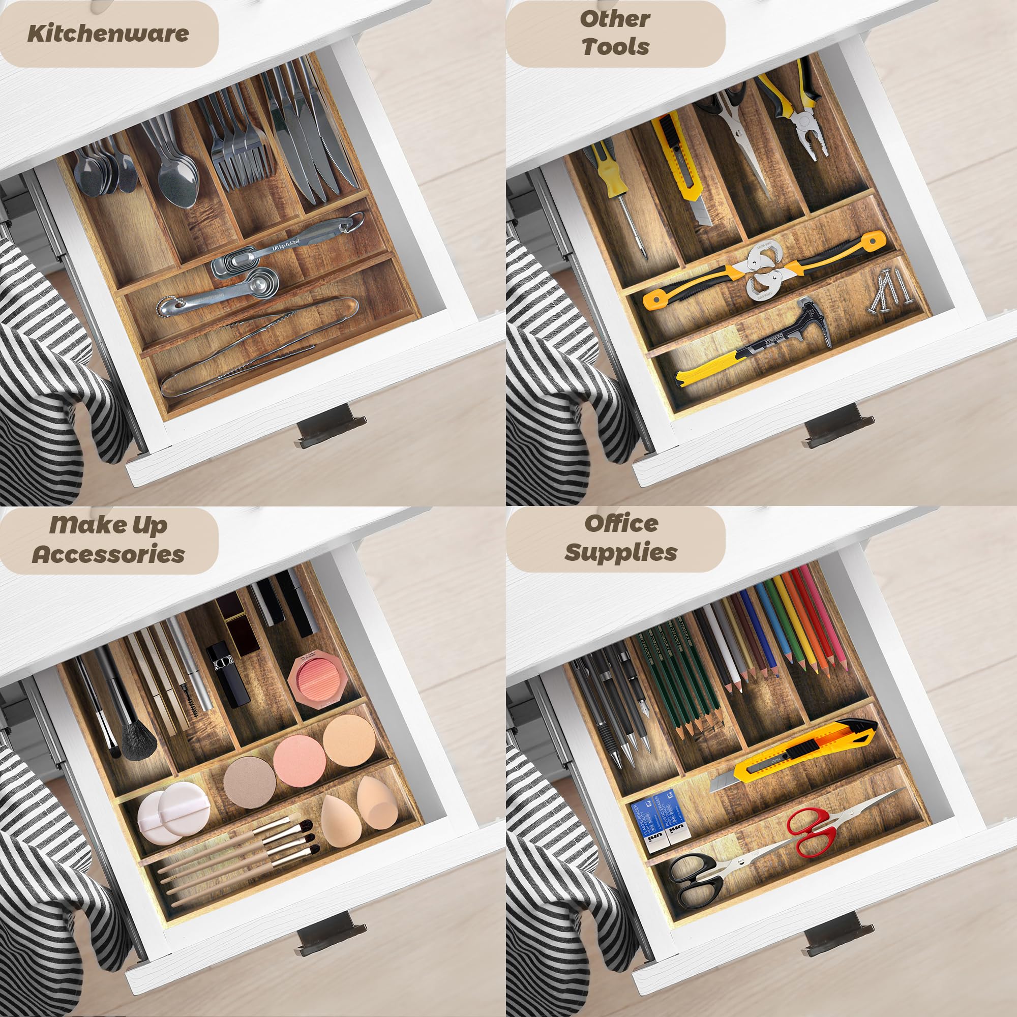 KITEISCAT Acacia Wood Silverware Organizer, Kitchen Utensil Drawer Organizer for Forks, Knives & Spoons, 6-Compartment Cutlery Tray, Flatware Holder