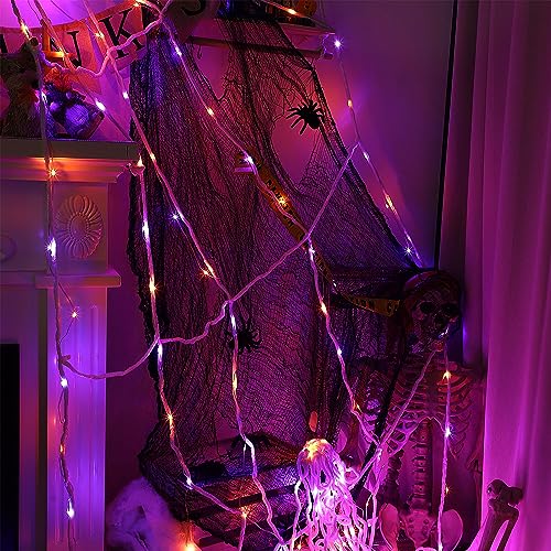 Joliyoou 200 LED 19.7ft x 16.4ft Halloween Spiderweb with Orange and Purple Lights, 8 Modes Remote Controlled Cobweb for Indoor Outdoor Spooky Party Decoration