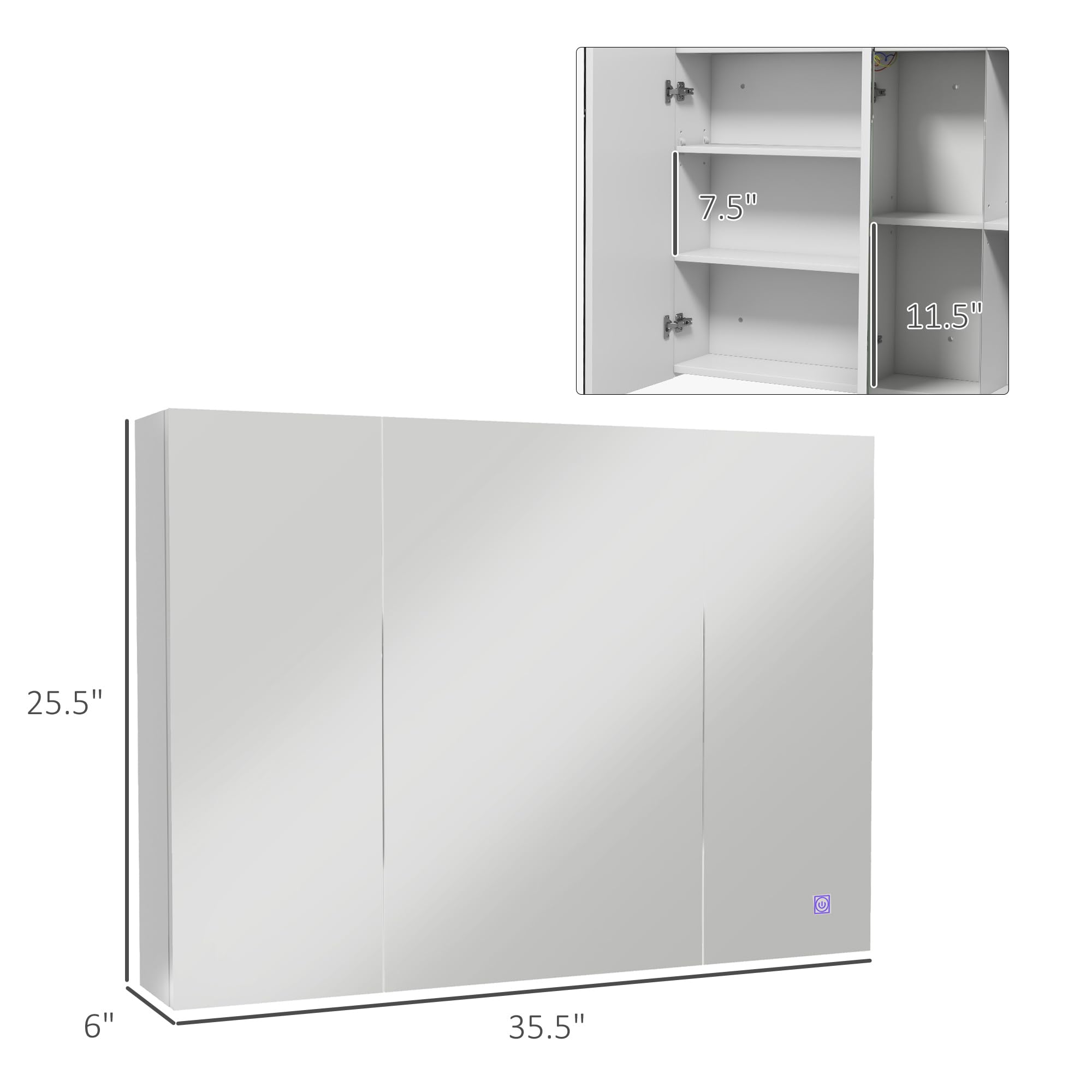 kleankin Lighted Medicine Cabinet with Mirror, 26" x 36" Wall Mounted Bathroom Mirror with Storage, 3-Color Bathroom Wall Cabinet with USB Charge, Adjustable Shelf, High Gloss White