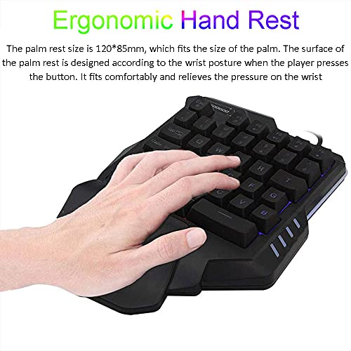CHUYI One-Handed Ergonomic Gaming Keyboard RGB LED Backlit 35 Keys Portable Mini Professional Single Hand Wired Keypad for Game with Palm Rest (Black)