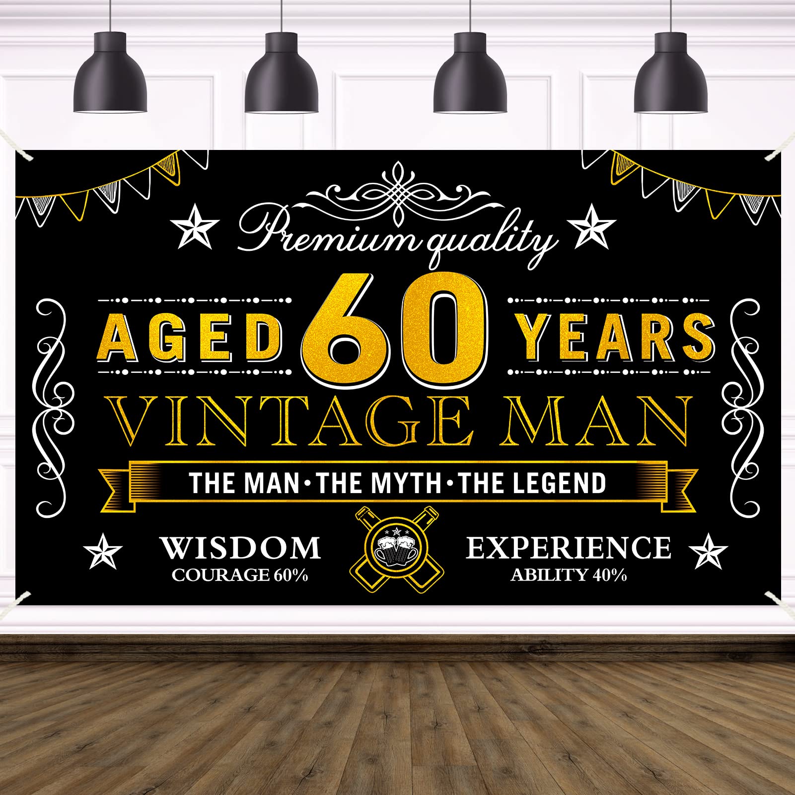 Happy 60th Birthday Banner Decorations for Men, Black Gold Vintage 60 Birthday Sign Party Supplies, Sixty Year Old Birthday Party Background Poster(72.8 x 43.3 Inch)