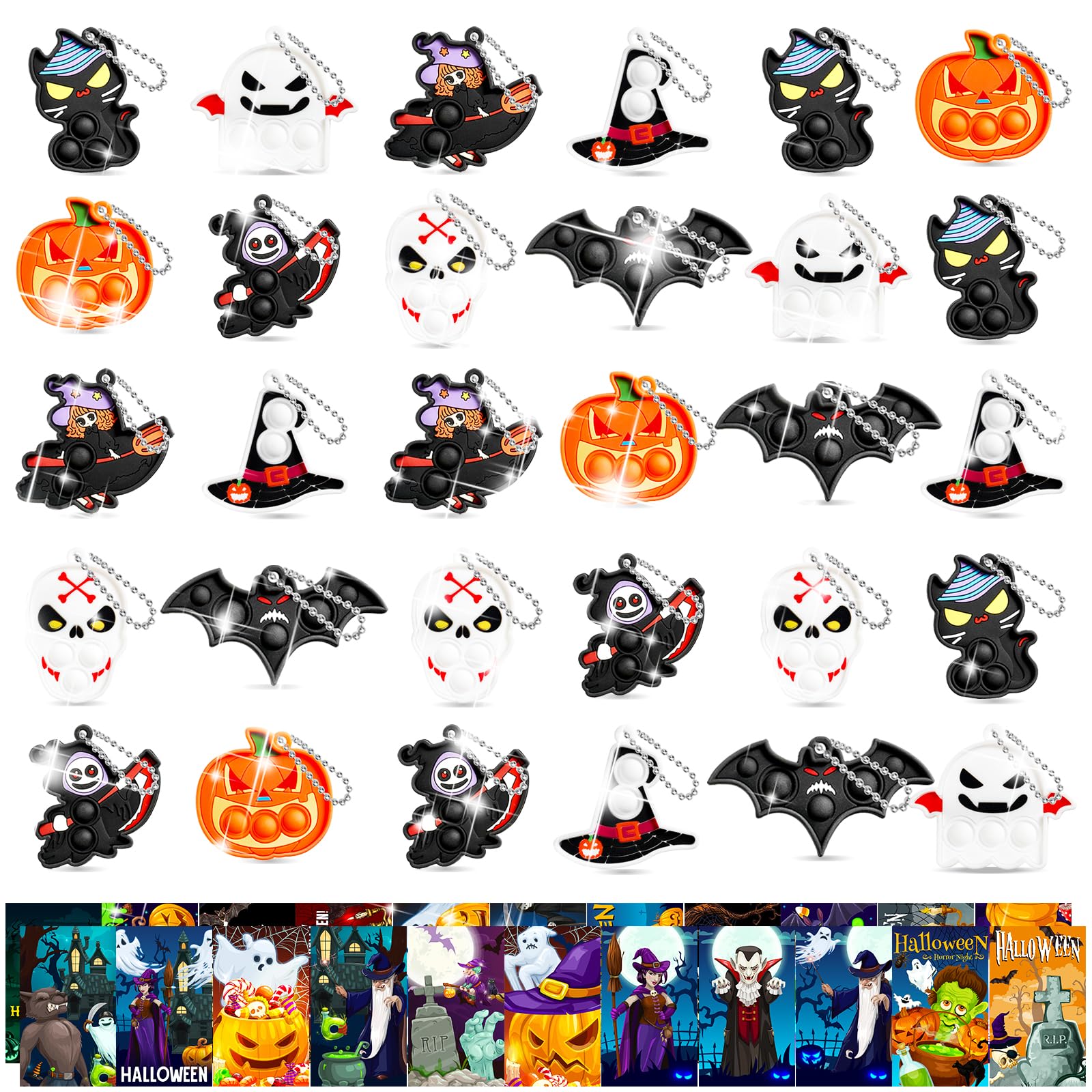 FIDWOD 32Pcs Halloween Party Favors Packs: Pop Fidget Toys Keychain with Halloween Style Cards for Kids - Stocking Stuffers Goodie Bag Fillers - Stress Relief Sensory Toys Set