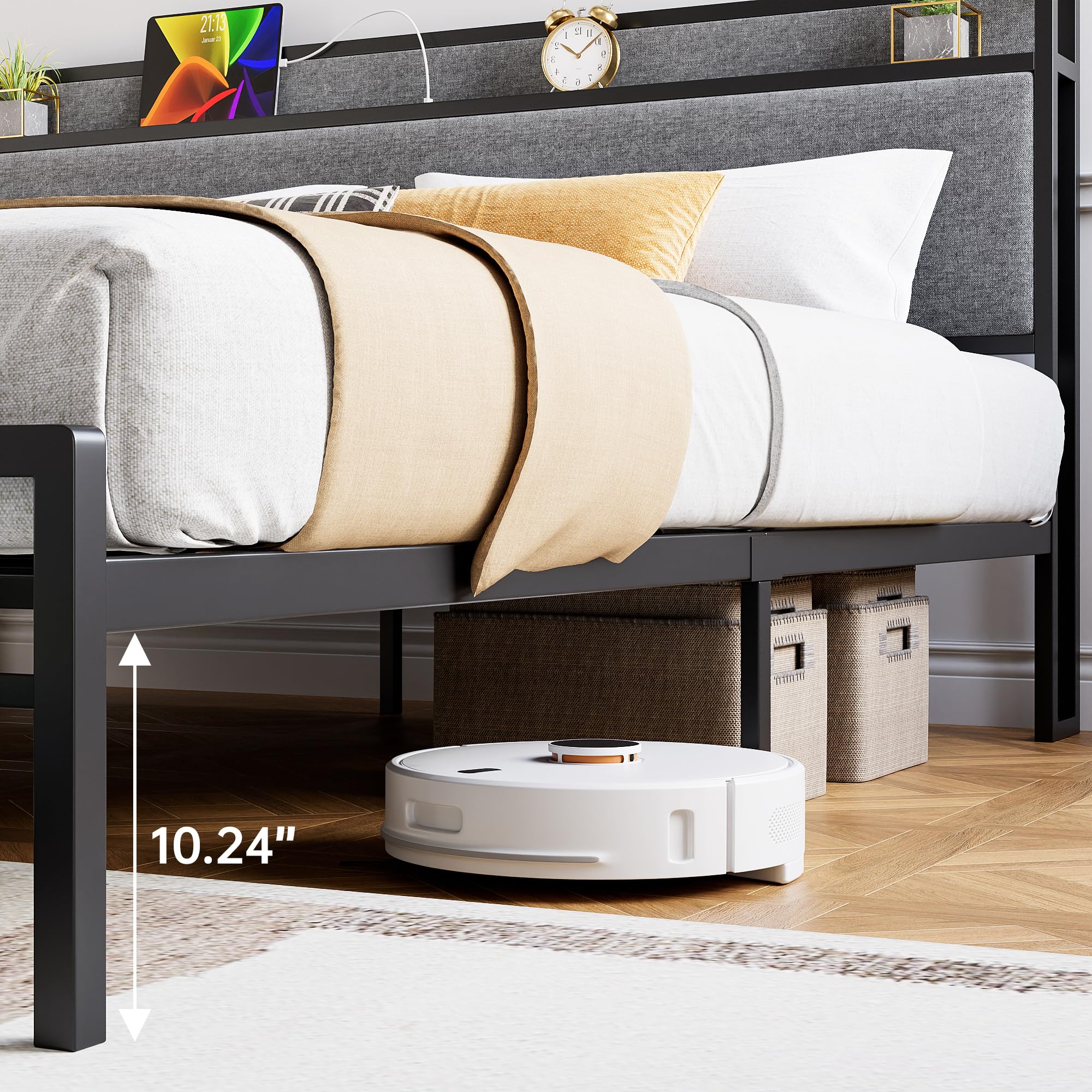 GarveeHome Full Size Bed Frame with 2 Drawers and Shelf Headboard, Charging Station with USB Port & Outlets, Upholstered Heavy Duty Platform Bed with Storage, No Box Spring Needed, Light Grey