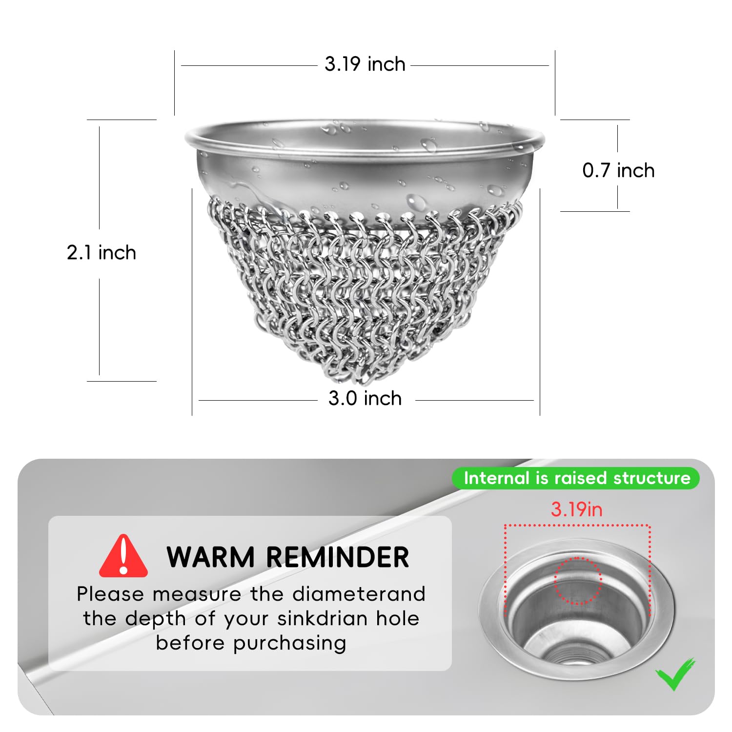 Kitchen Sink Drain Strainer, Wokdada Reversible Insert Mesh Sink Strainer, 304 Stainless Steel Sink Strainer, Clog-free Garbage Disposal Sink Catcher Strainer, 3.19 Inch Sturdy Metal Sink Screen