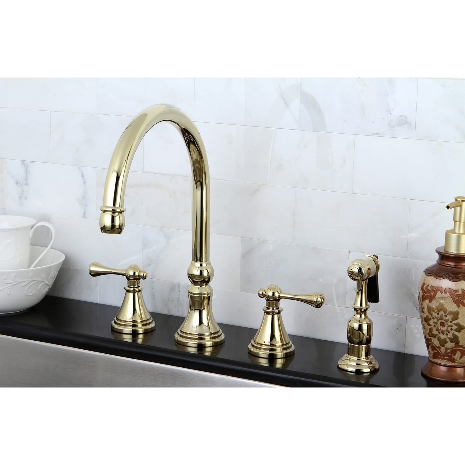 Kingston Brass Governor Widespread Kitchen Faucet with Brass Sprayer Brushed Nickel- Lever Handles Nickel Finish