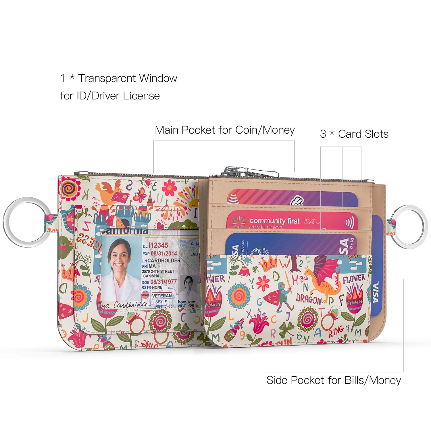 Rose Lake RFID Blocking Credit Card Holder Wallet Slim Card Case Front Pocket Wallet with Key Ring for Women Girls (Colorful Garden)