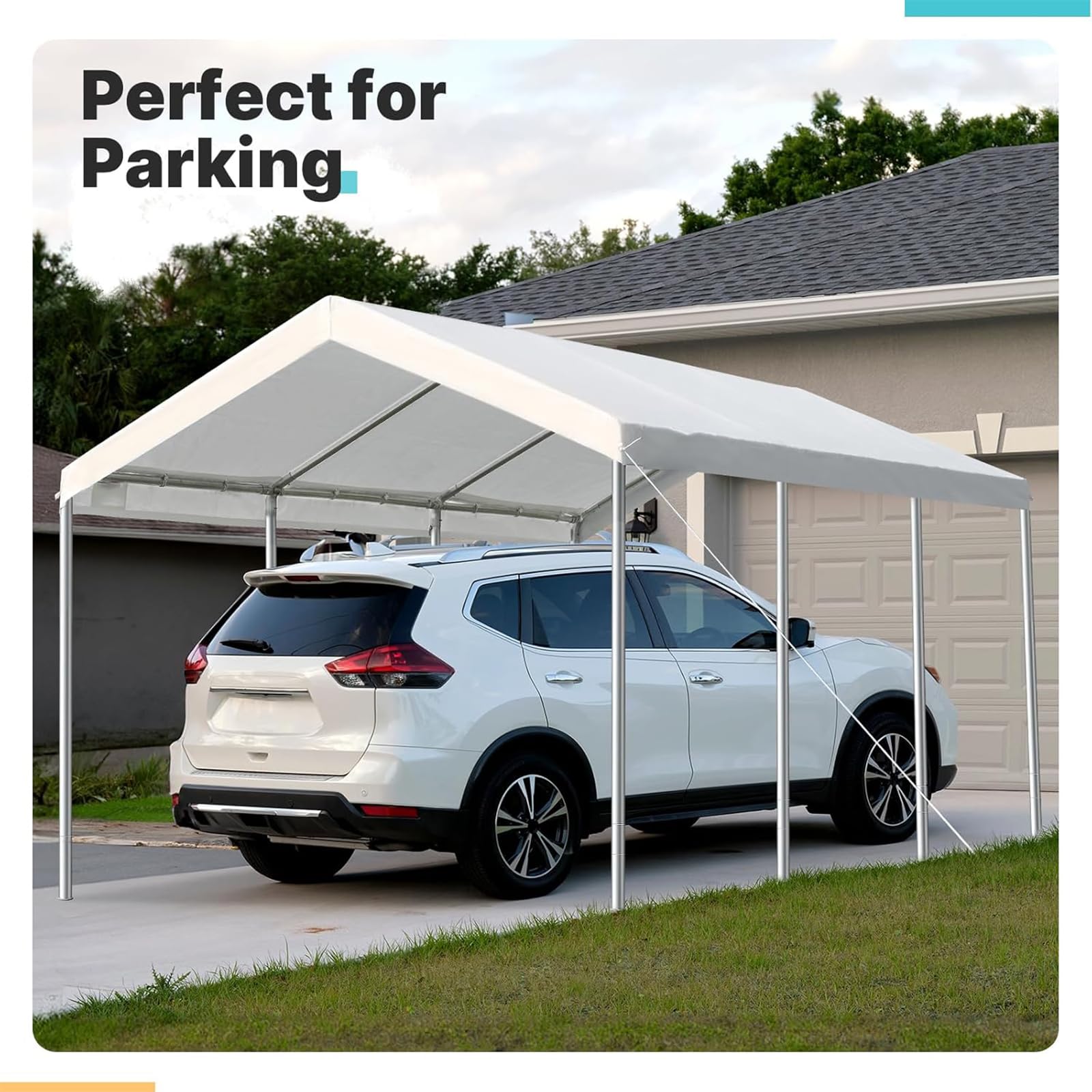 FORALEBEN Carport Replacement Canopy Cover for 12' x 20' Car Tent Top Garage Shelter Cover Tarp with Ball Bungees (Only Top Cover, Frame Not Include) White