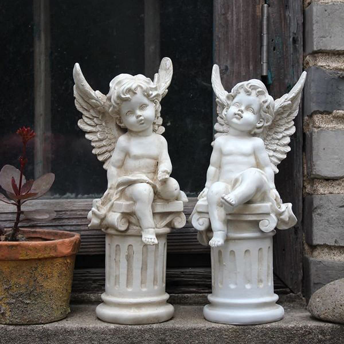 OwMell Set of 2 Cherub Angels on Roman Pillar Garden Statue Greek Column Angel Figurine Sculpture Indoor Outdoor Home Garden Decoration Antique Resin 9.8"