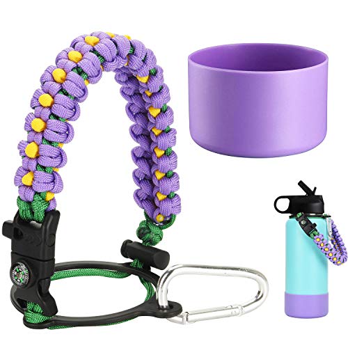 LX-SUNCX Paracord Handle and Silicone Sleeve Boot Compatible with Hydro Flask Wide Mouth Water Bottle (Daisy-Purple w/Compass+Whistle+Firestarter, 32oz-40oz)
