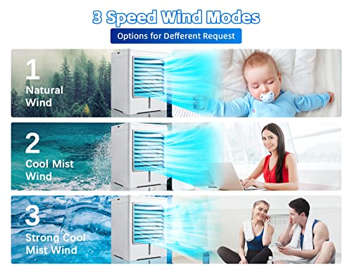 Portable Air Conditioner 3 Speed Evaporative Rechargeable Cooler Fan with Led Light, Personal Mini Humidifier Fan for Your Desk, Nightstand, Coffee Table, Room, Bedroom, Office & Kitchen