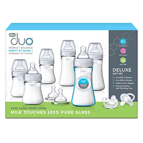 Chicco Duo Deluxe Hybrid Baby Bottle Gift Set with Invinci-Glass Inside/Plastic Outside - Clear/Grey