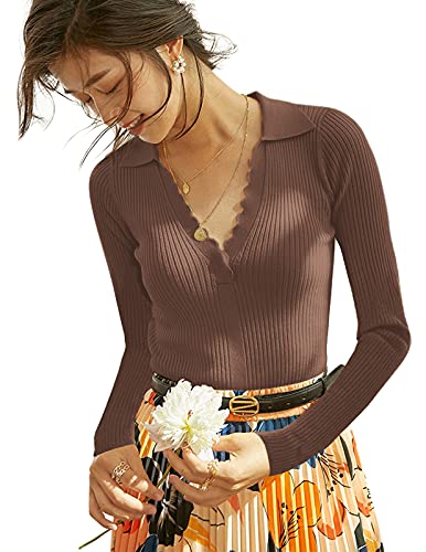 Kate Kasin Womens Polo Long Sleeve Sweater Scalloped V Neck Knit Tops Solid Ribbed Lightweight Pullover Shirts Coffee XL