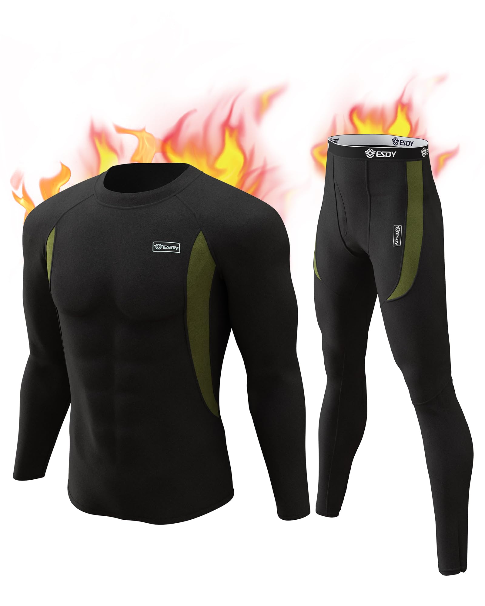 CL convallaria Long Johns for Men with Fly, Thermal Underwear Set Winter Hunting Gear Sport Base Layer Top and Bottom Midweight -Crew Neck-Black-XL