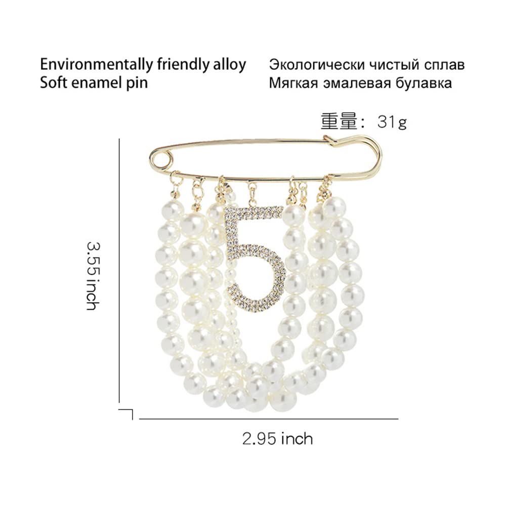 Celebrity Design Imitation Pearl Number Five Brooches Crystal Brooch Pins