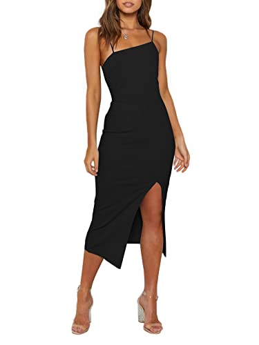 LYANER Women's Spaghetti Straps Split Slit Hem Sleeveless Zipper Bodycon Midi Dress Black Small