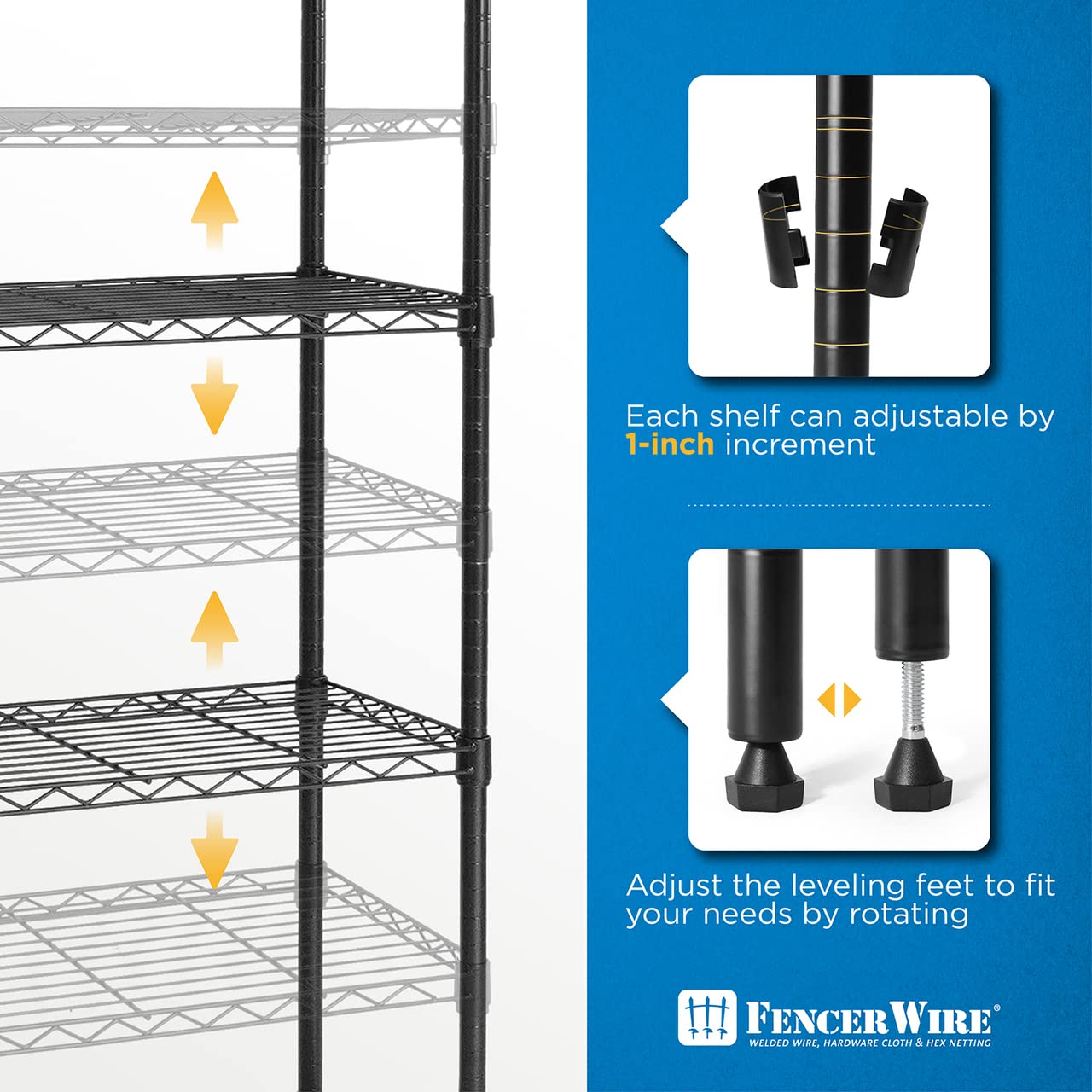 Fencer Wire 3/4/5-Tier Adjustable Height Wire Shelving Unit, Garage Shelving Storage Organizer, Wire Rack Shelving, Metal Steel Storage Shelves, Utility Storage Shelf with Leveling Feet, Black