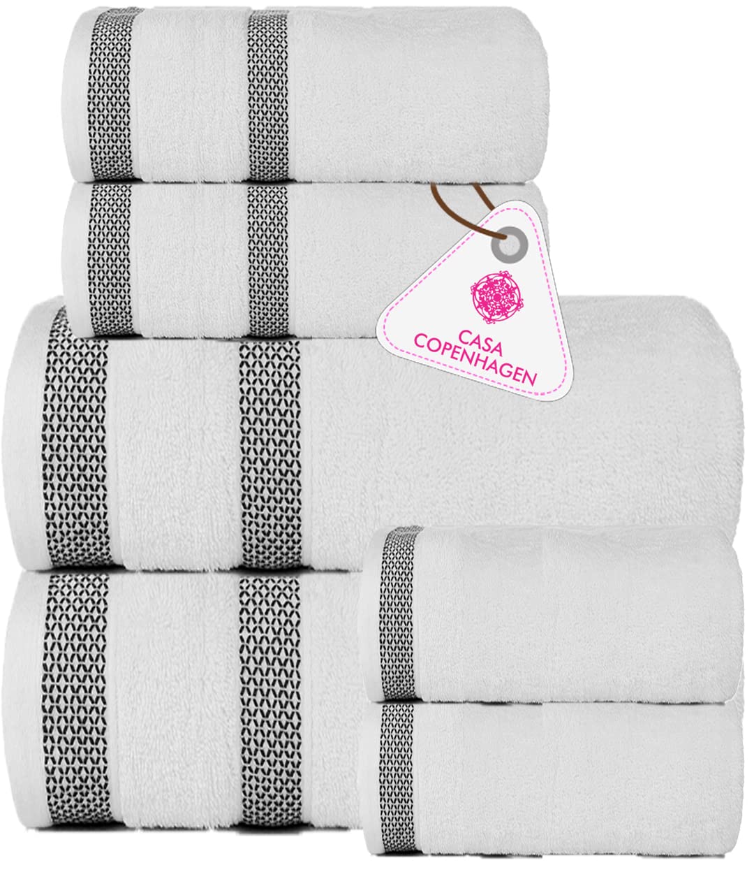 CASA COPENHAGEN Solitaire 6 Pieces Towel Set- Bright White, 600 GSM 2 Bath Towel 2 Hand Towel 2 Washcloth, Designed in Denmark Made of Soft Egyptian Cotton for Bathroom, kitchen & Shower