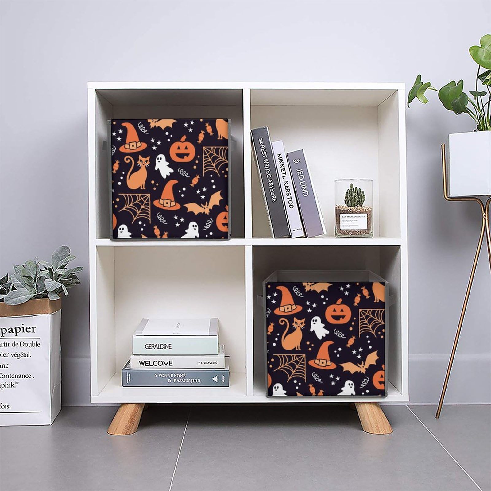 DamTma Halloween Pumpkin Ghost Spider Cube Storage Bin with Handles Foldable Cute Cat Ghost 11 Inch Storage Baskets Toys Organization for Home Room Closet Shelves Set of 2