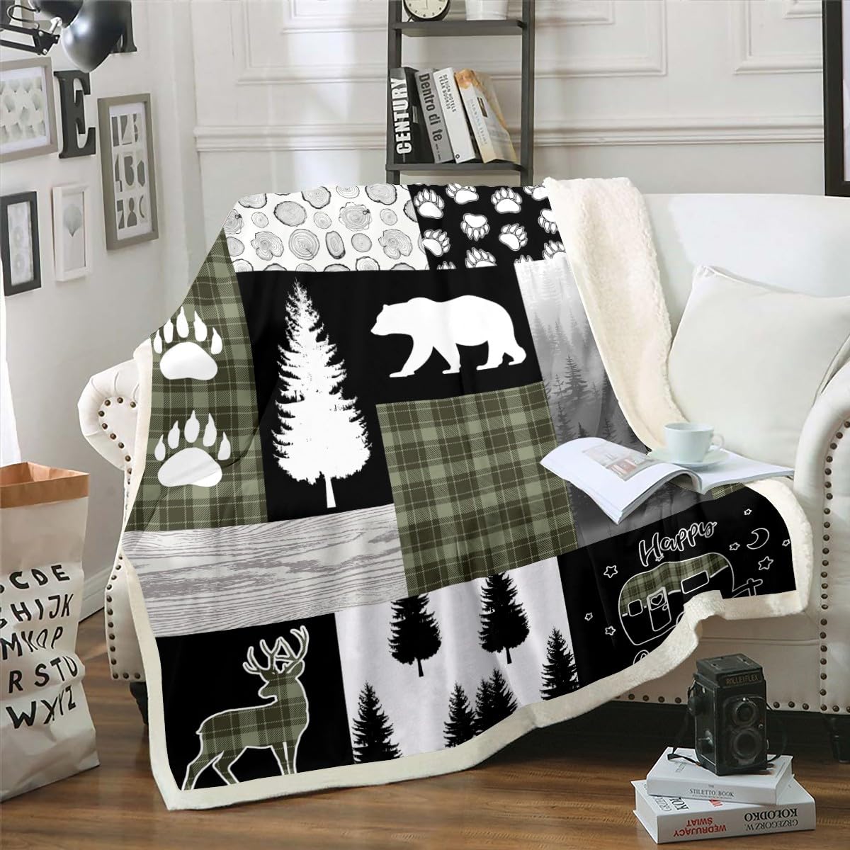 Hunting Deer Bear Blanket,Woodland Animals Rustic Cabin Throw Blanket for Boys Girls,Green Buffalo Plaid Patchwork Fleece Blanket RV Camping Decor,Farmhouse Pine Tree Footprint Fuzzy Blanket 60"x80"
