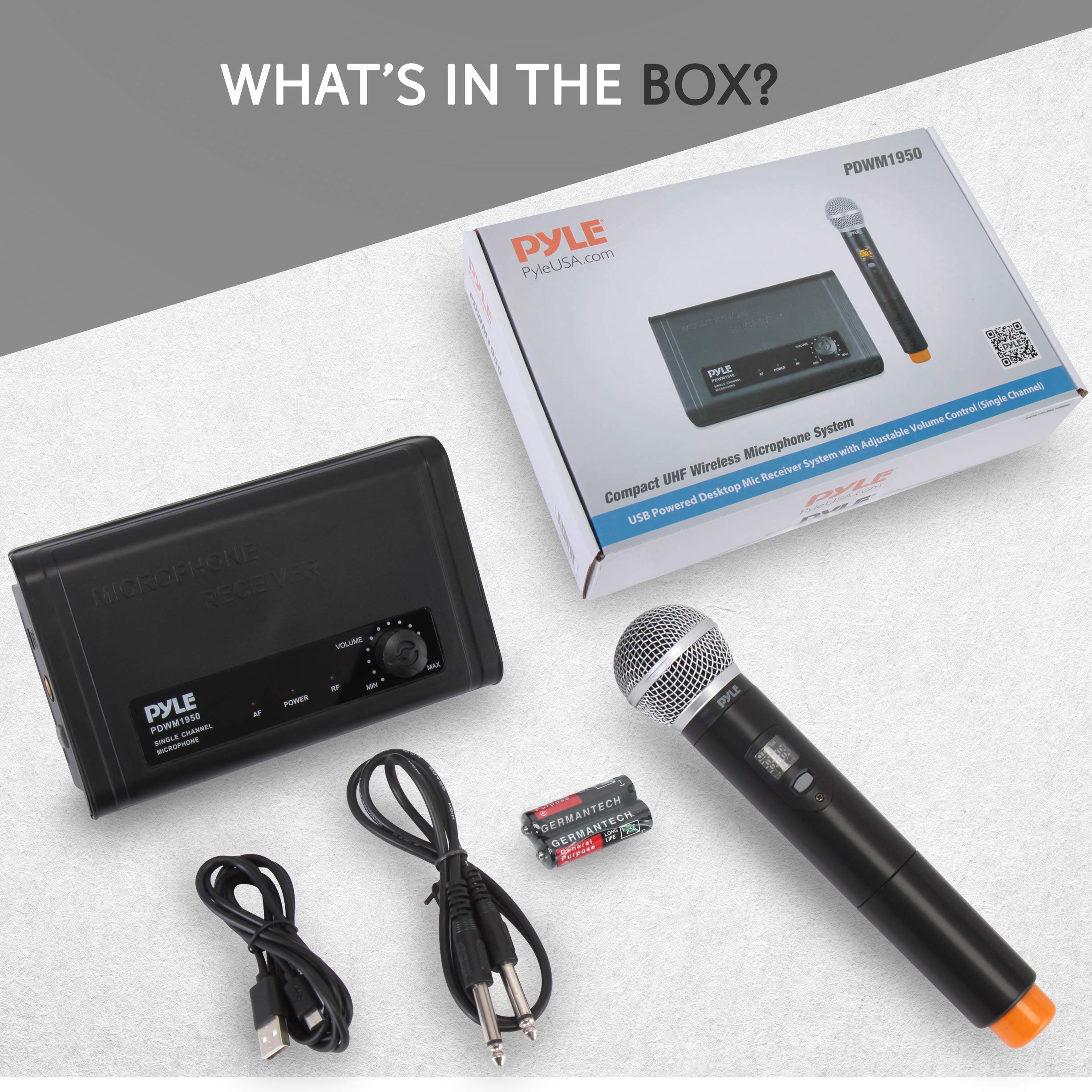 PYLE Compact UHF Wireless Microphone System - Pro Portable Single Channel Desktop Digital Mic Receiver Set w/ 1 Handheld Mic, Receiver Base, USB Cable, Battery, for Home, PA, Karaoke, DJ PDWM1950