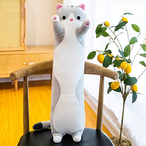 Rexinc Long Cat Plush Pillow Toy Sleeping Pillow Cute Cartoon Cat Stuffed Animals Soft Long Body Pillow Gift for Kids(19.68in,Gray)