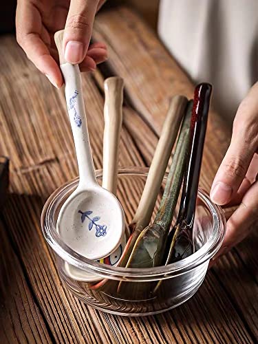 YUURAIN VUVU Japanese Large Spoon, Handmade Long Handle Asian Spoons, Retro Ceramic Spoons, Ramen Spoons, Pho Spoons, Large Soup Spoons with Cute Hand-Painted Pattern, Hand-Kneaded (2 Pieces) - D