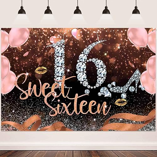 Happy Sweet 16th Birthday Backdrop Balloons High Heel Diamond Banner Backdrop Decorations for Girls Rose Gold Bokeh Sweet 16 Party Supplies Sweet Sixteen Birthday Background Photo Booth Props