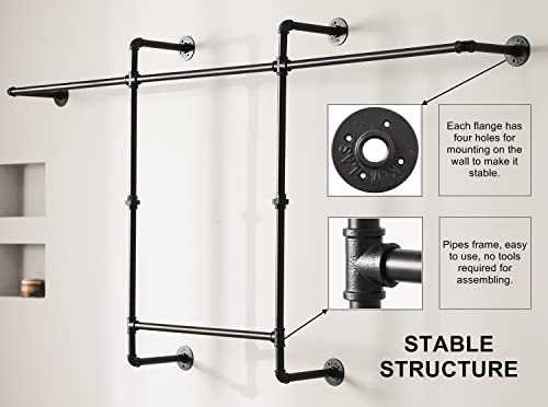 Industrial Clothing Racks Garment Racks – Wall Mounted Pipes Clothes Racks with Four Hanging Rods, Heavy Duty Garment Racks, Industrial Steampunk Closet Organizer Hall Tree (Metal Pipes-Black)