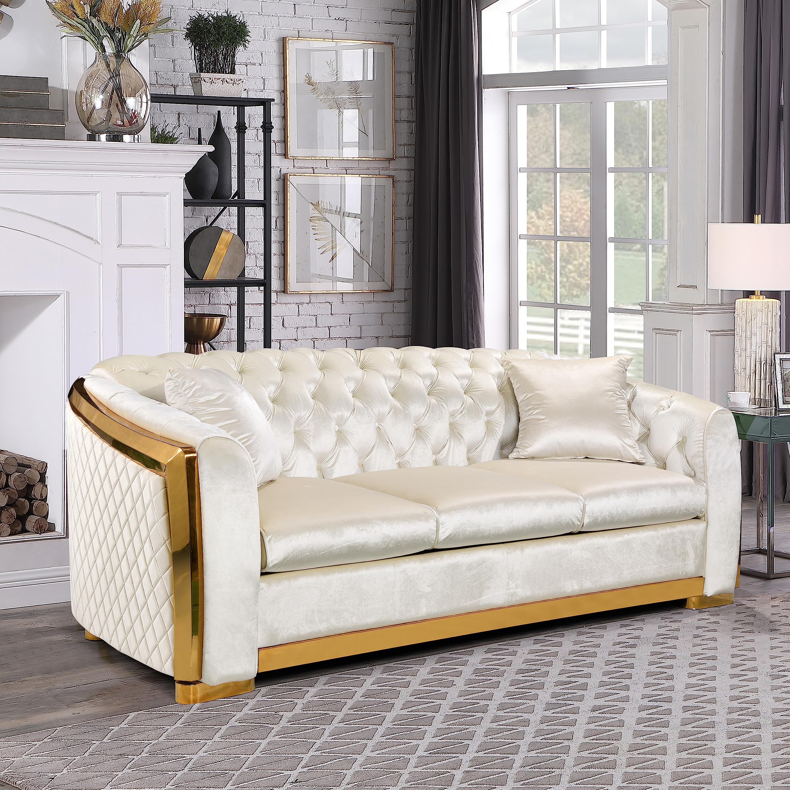 JURMALYN 81.1" Beige & Gold 3 Seater Sofa Couch Velvet Chesterfield Sofa Couch Modern Sectional Sofa Couch for Living Room Button Sofa with 2 Pillows