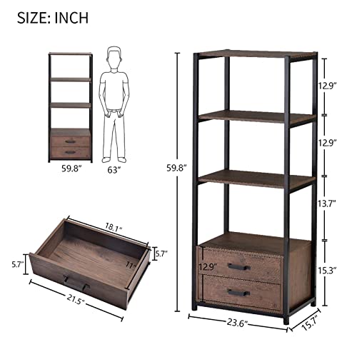 Industrial Wood Bookcase with Two Drawers, Book Storage Rack with Open Display Shelves 4-Tier Open Etagere Bookcase with Adjustable Foot Pads for Living Room, Bedroom, Office, Brown