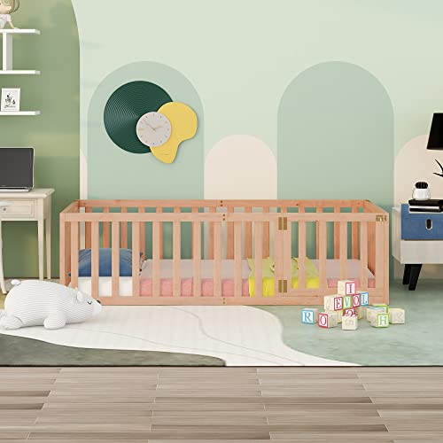 LZ LEISURE ZONE Twin Size Platform Bed with Fence, Solid Wood Floor Bed Frame with Door, Twin Size Daybed Fram, Natural