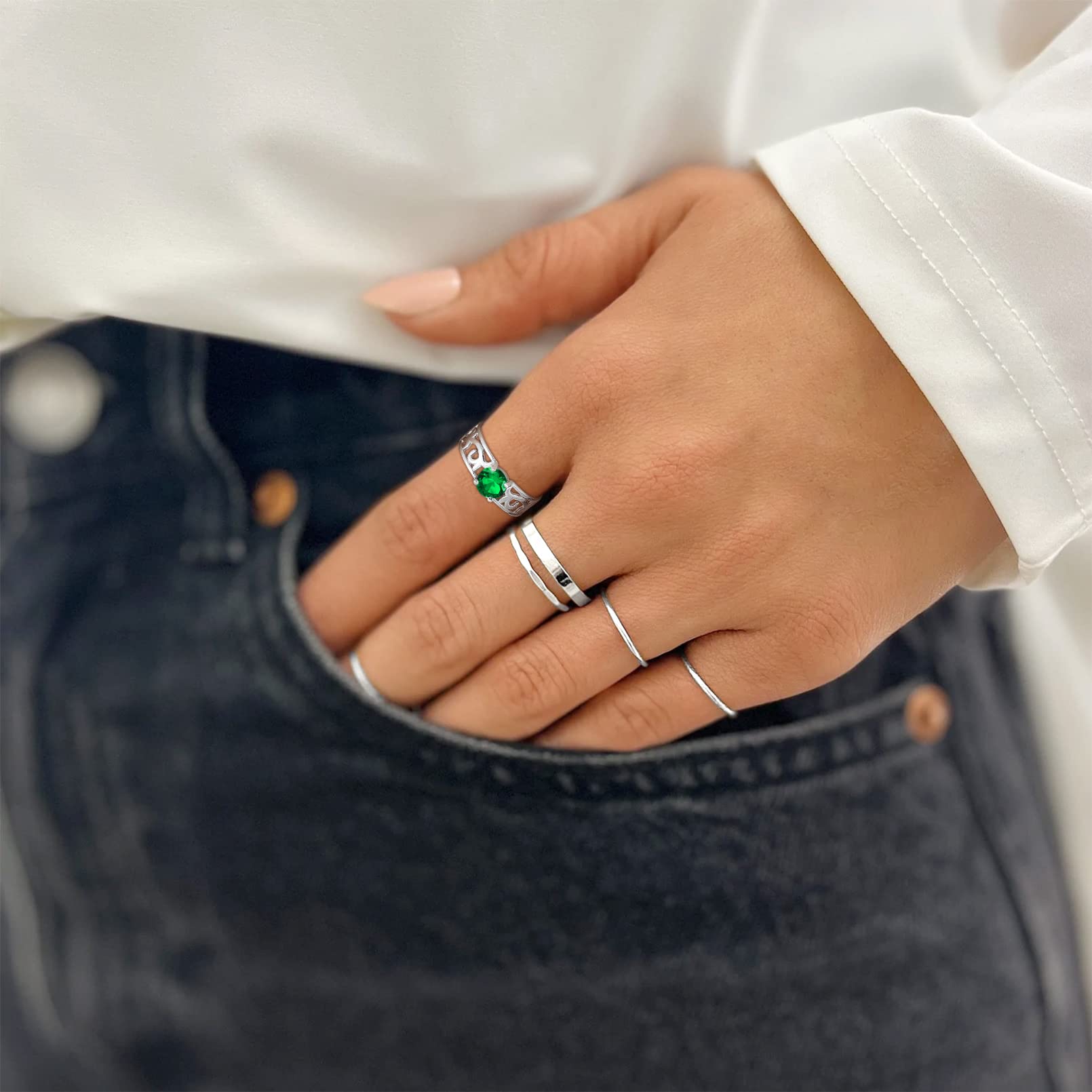 ChicSilver 925 Sterling Silver June Birthstone Ring 6MM Dainty Round Created Alexandrite Celtic Eternity Ring Wedding Band for Women Adjustable