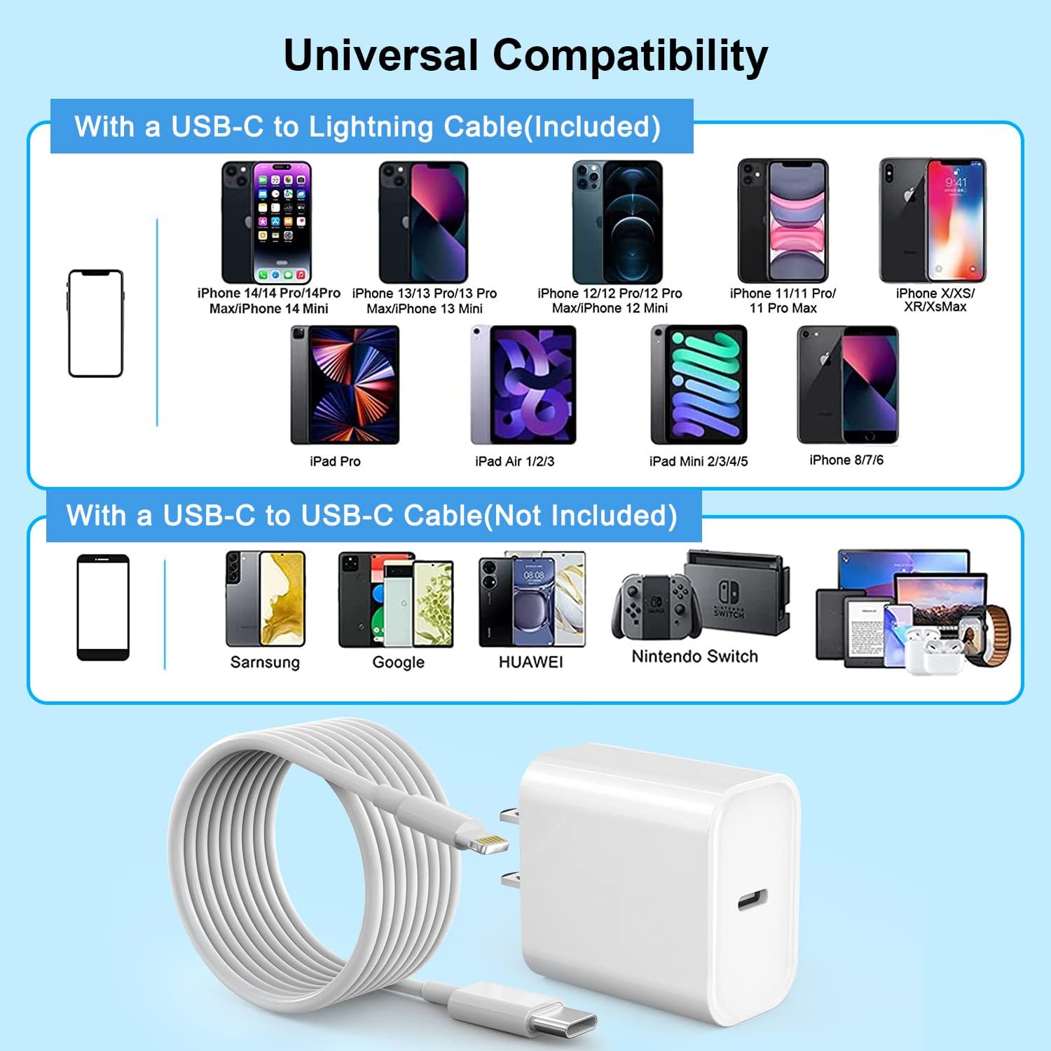 Fast iPhone Charger, Quick 10Foot USBC Wall Charger Phone Charger 2Pack 20W PD USB C Fast Charger Block + 10FT Lightning Fast Charging Cable for iPhone 14/Pro/Pro Max/Plus/13/12/11/XS/XR/X/SE2022/iPad