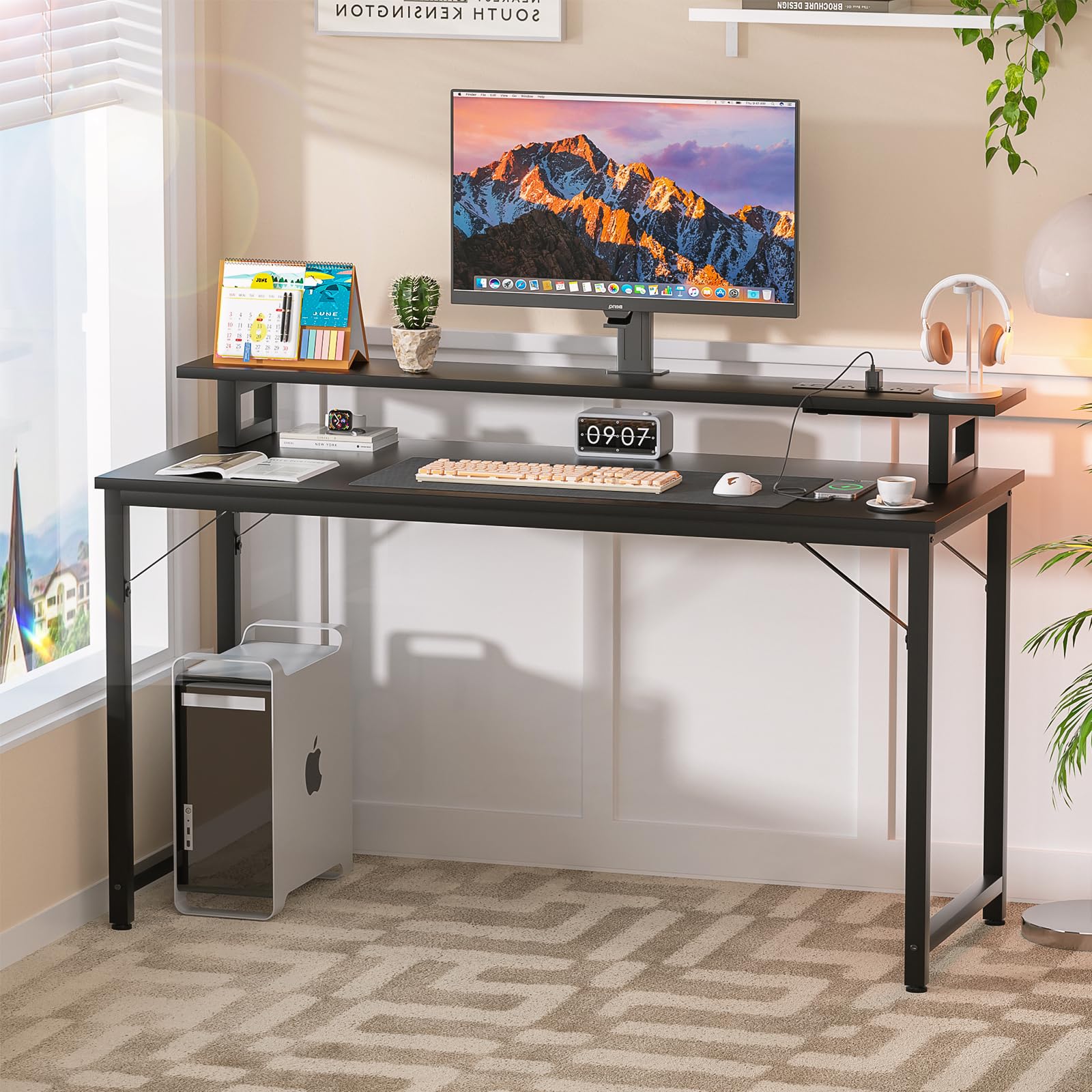 Hyomdeck Computer Desk with USB Power Outlets and LED Lights, 47 inch Gaming Desk with Monitor Stand for Small Space Home Office, Modern Simple Study Writing Table PC Desks, Black