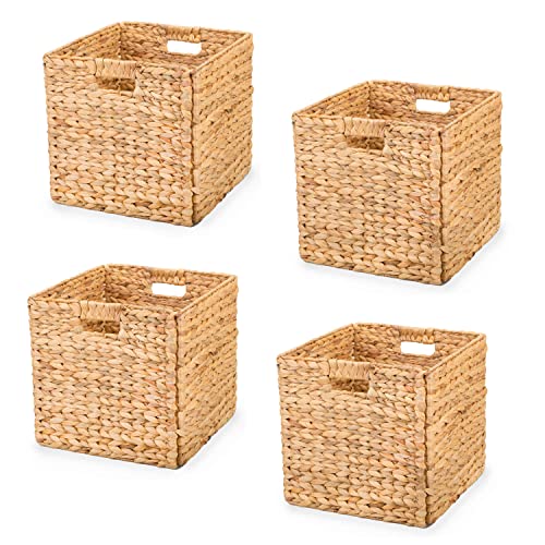 LilaCraft Set 4 Natural Storage Cubes Baskets for Organizing, Water Hyacinth Wicker Storage Baskets, Rope Woven Baskets for Storage with Carrying Handles Decor, Brown (12″×12″×12″)