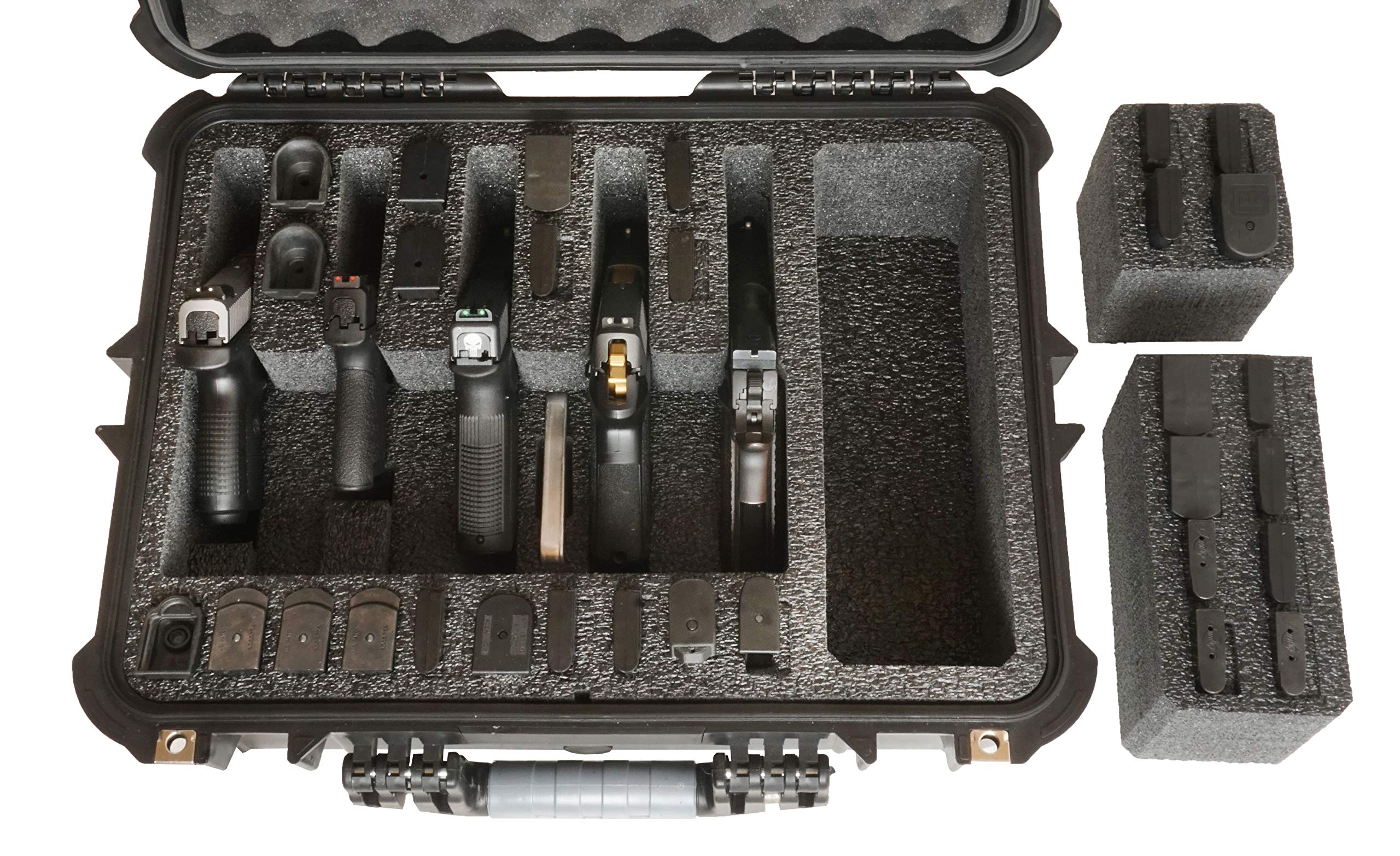 Case Club 5 Pistol & (up to) 30 Magazine Case with Accessory Pocket and Emergency Light - Pre-Cut, Heavy Duty, Waterproof, with Silica Gel for Gun Rust Prevention (Upgraded Gen-2)