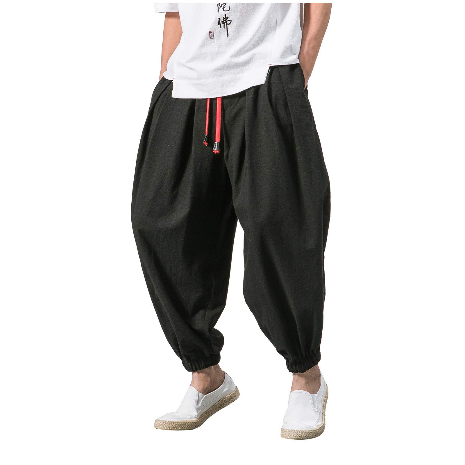 Casual Baggy Harem Pants for Men Trendy Oversized Drawstring Cotton Linen Boho Yoga Pants with Pockets Joggers Sweatpants Black