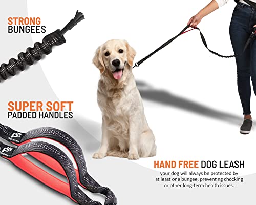 Hands Free Dog Leash for Medium and Large Dogs with Large Zipper Pouch - Adjustable Length 3mm Thick Double Bungee Leash, 2 Padded Handles Heavy Duty Leash (Red, 27-38 inches Waist)